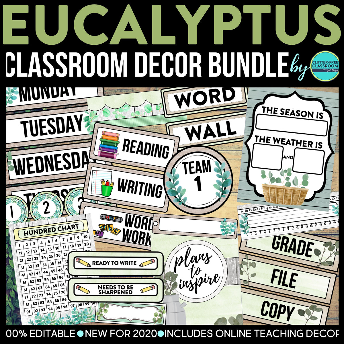 Boho Eucalyptus Classroom Decor Bundle – Clutter Free Classroom Store