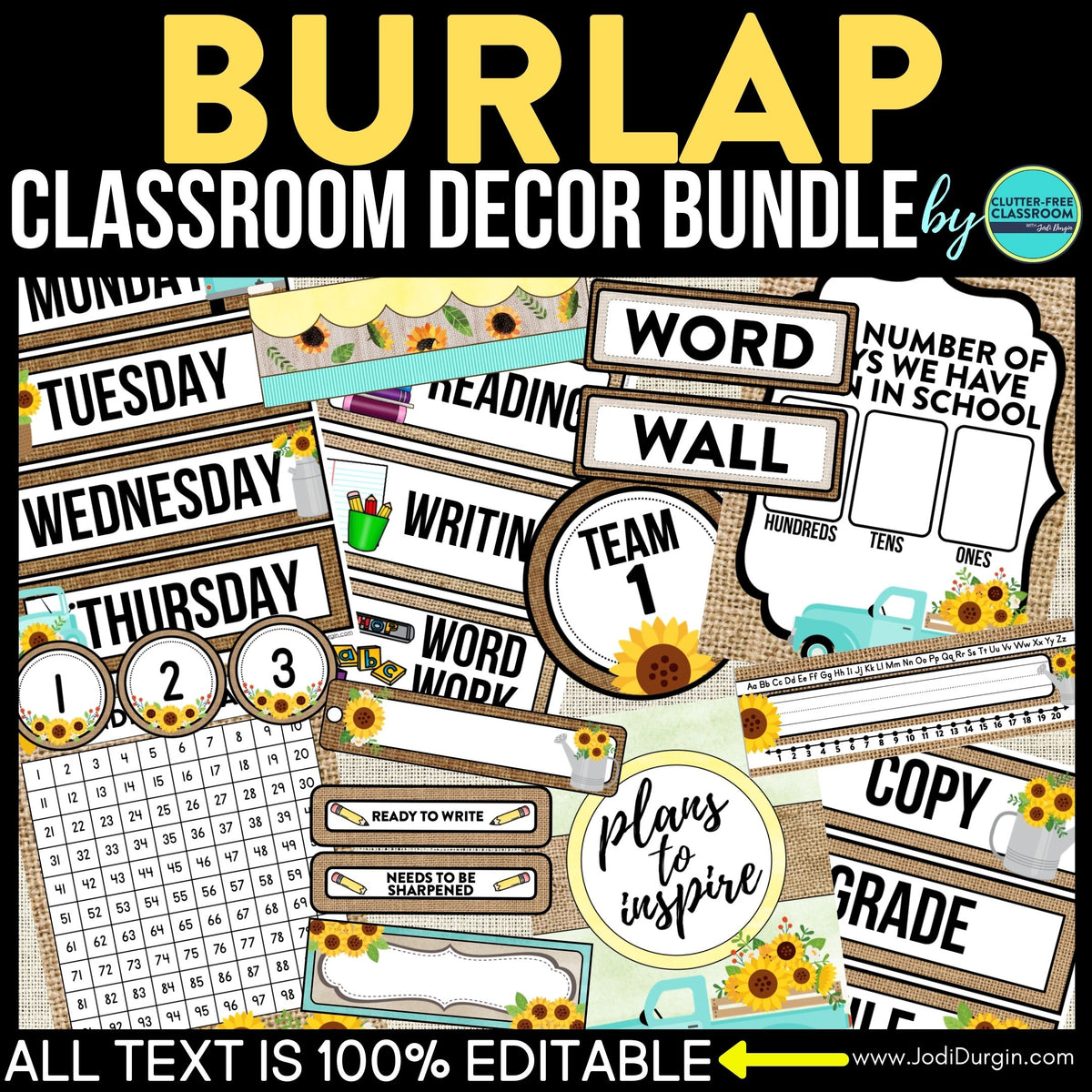 Sunflower & Burlap Classroom Theme Decor Bundle – Clutter Free ...