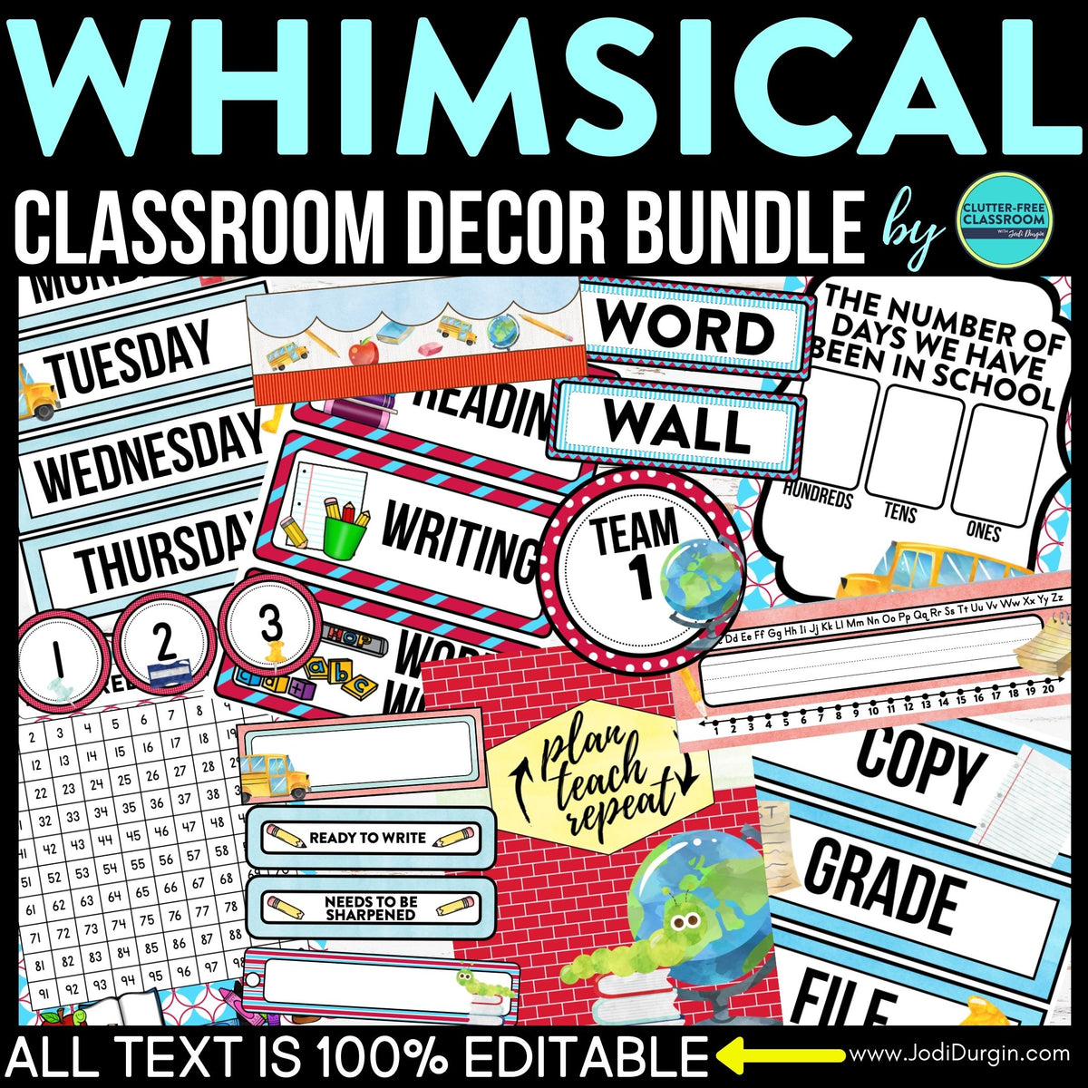 Whimsical Aqua and Red Classroom Theme Decor Bundle – Clutter Free ...